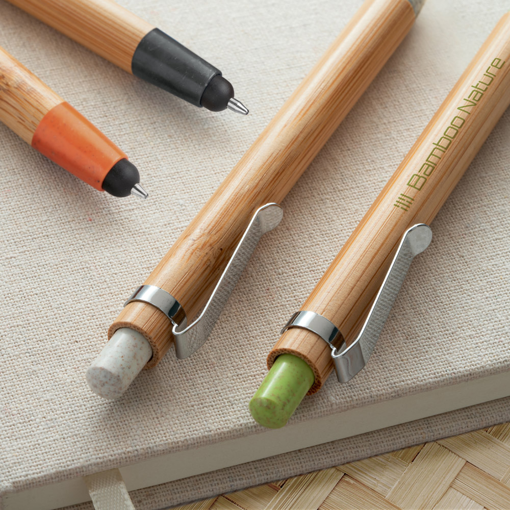 Bamboo ballpen with touch tip and metal clip - The Wrapperz